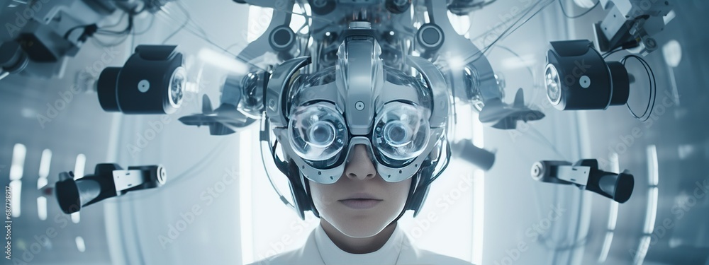 Doctor at a optical clinic with futuristic ophthalmoscope equipment ...