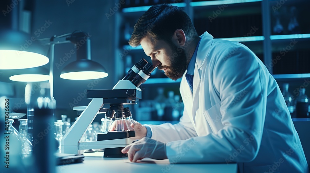 Expert female microbiologist scrutinizes medical samples using modern ...