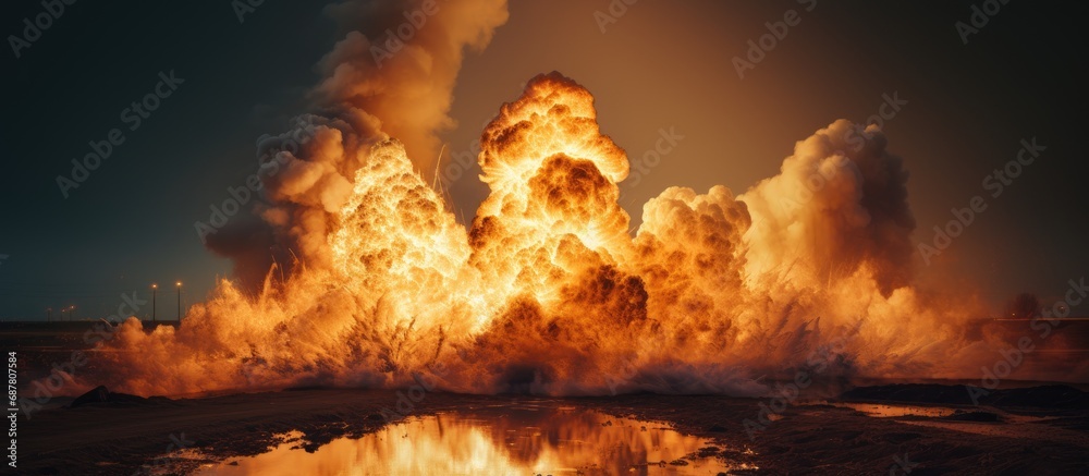 Explosion caused by leaking oil pipeline during transportation. Stock ...