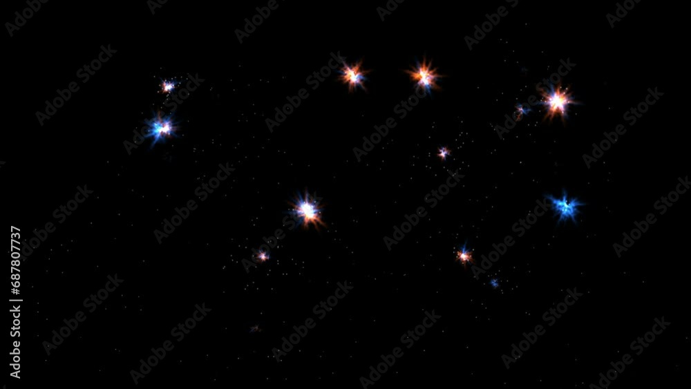 Visual effects, VFX, small colorful glowing sparks bursting fast on ...