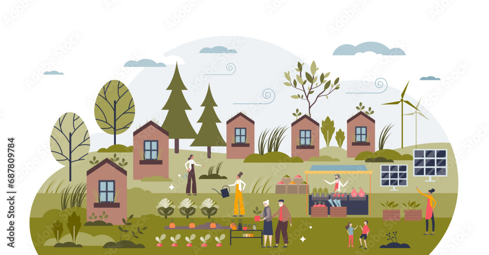 Self sufficient community with green lifestyle practices tiny person ...