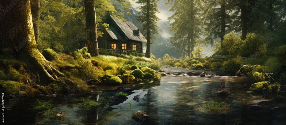 Fictional forest house by a creek, illustrated in a photo collage ...