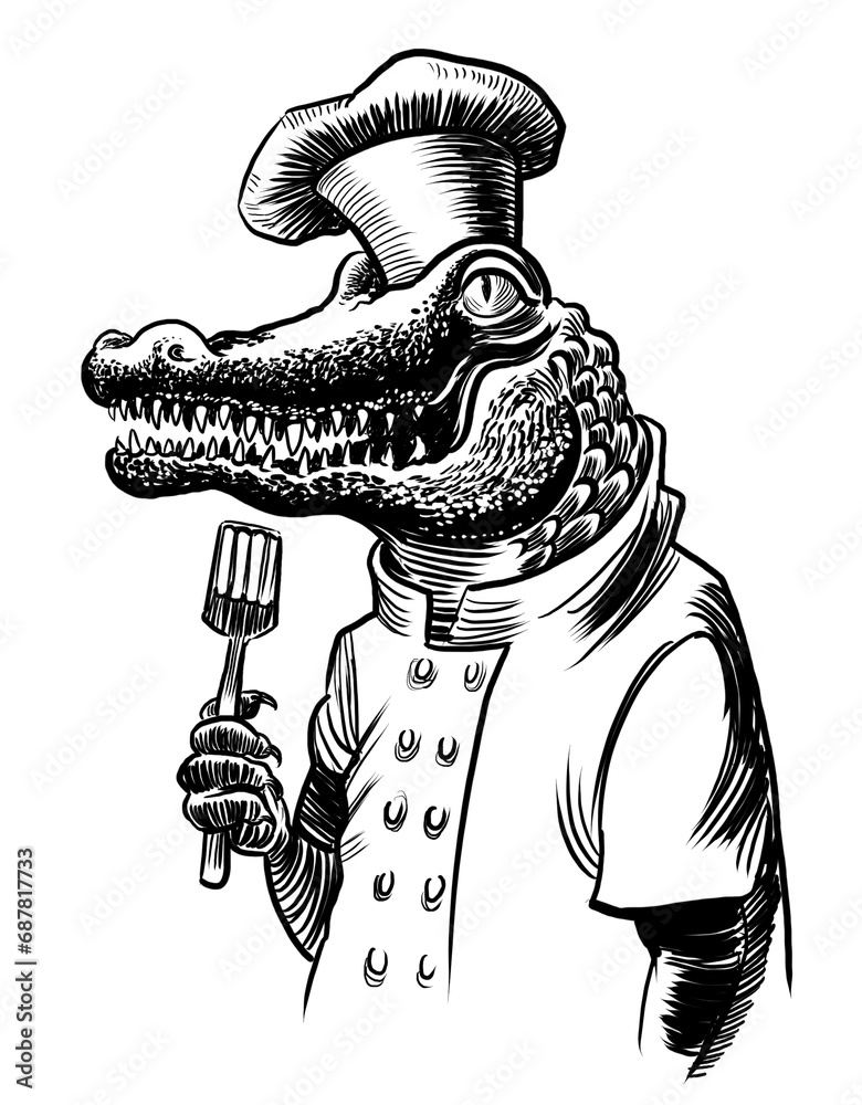 Alligator chef character. Hand-drawn black and white illustration Stock ...