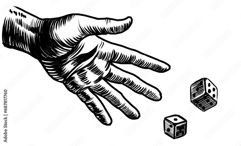Hand throwing dice. Hand-drawn black and white illustration Stock ...