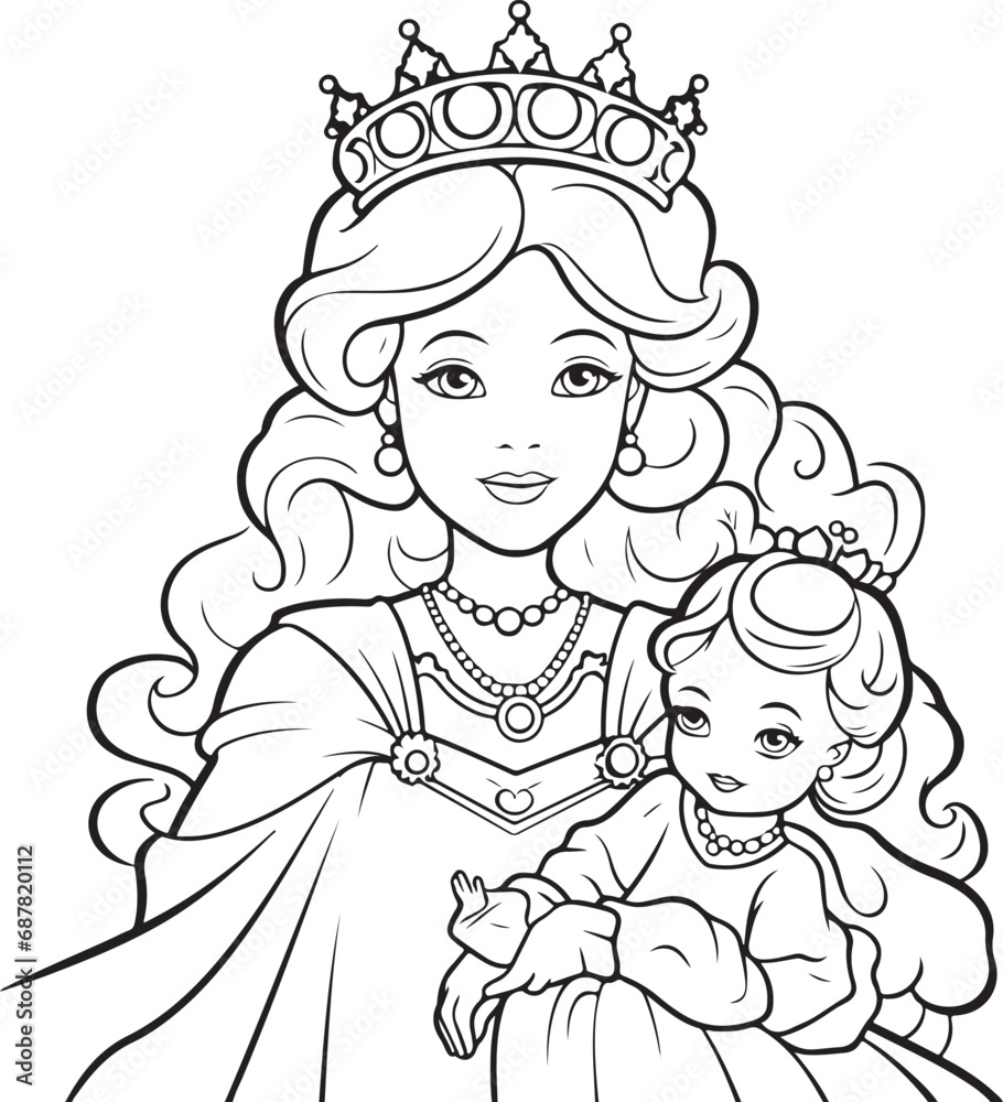 cute cartoon princess drawing for coloring hand drawn illustration ...