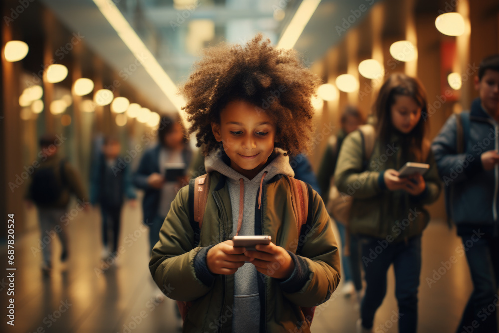 Young boy stands in hallway, engrossed in checking his cell phone. This ...
