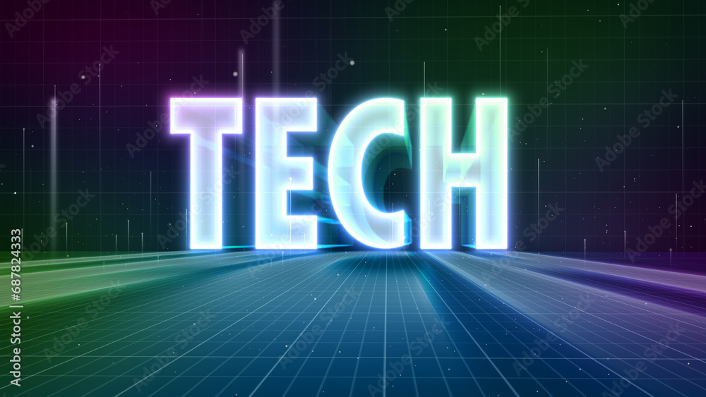 The hologram Tech letters rotate slowly in a VR world (virtual reality ...