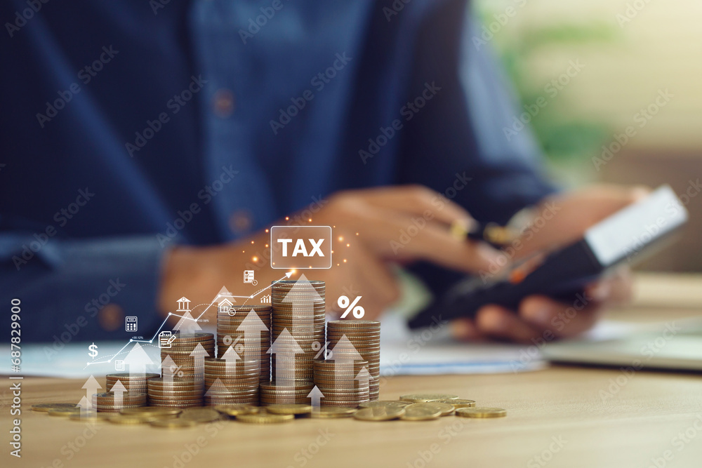 gold money coin pile with a growth chart and TAX icons in front of the ...