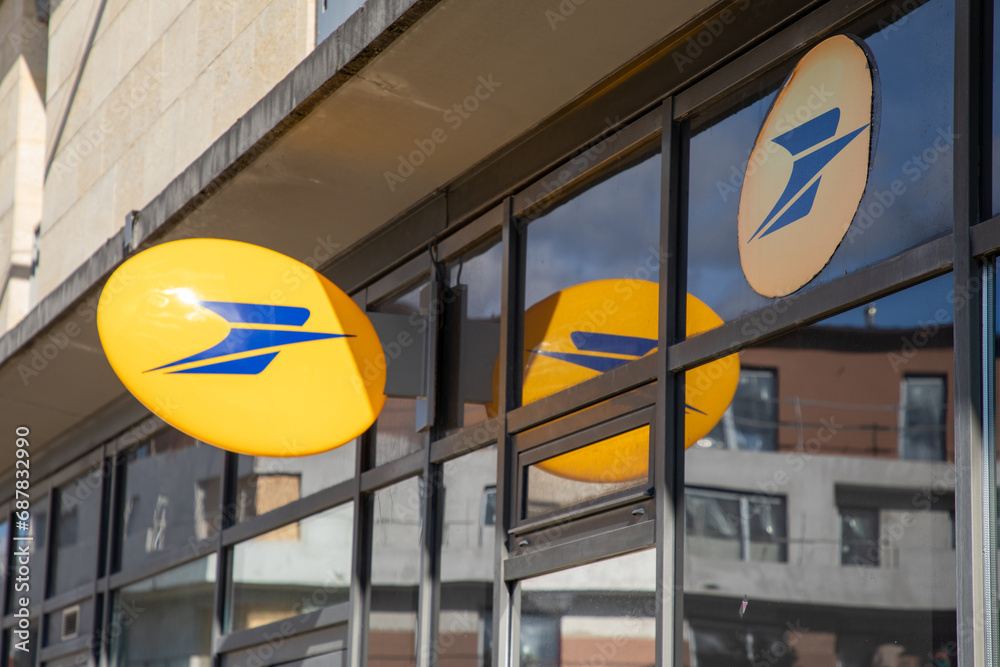 la poste sign brand facade yellow text logo of office facade french ...