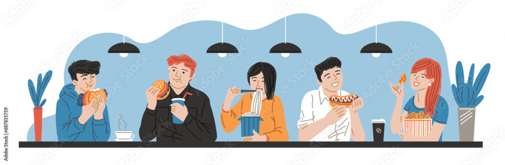 People snacking fast food, vector illustration in flat cartoon style ...