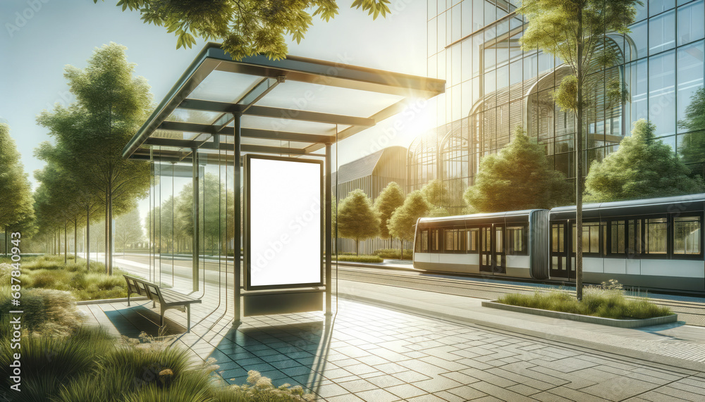 Modern tram stop with a blank billboard in a green urban environment ...