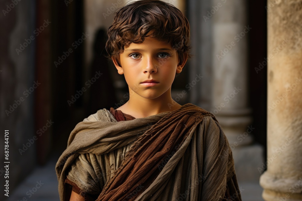 A little kid boy child wears ancient aged Roman clothing. Generative AI ...