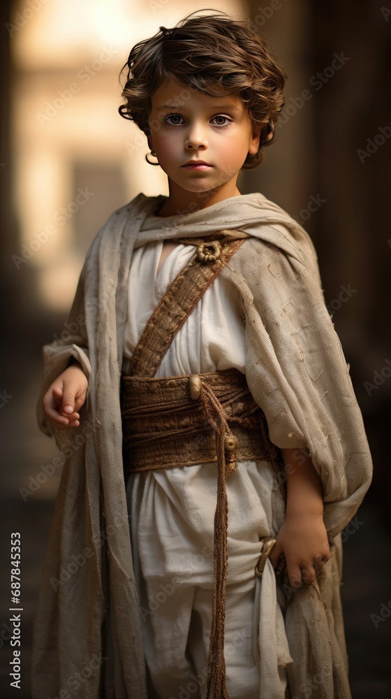 A little kid boy child wears ancient aged Roman clothing. Generative AI ...