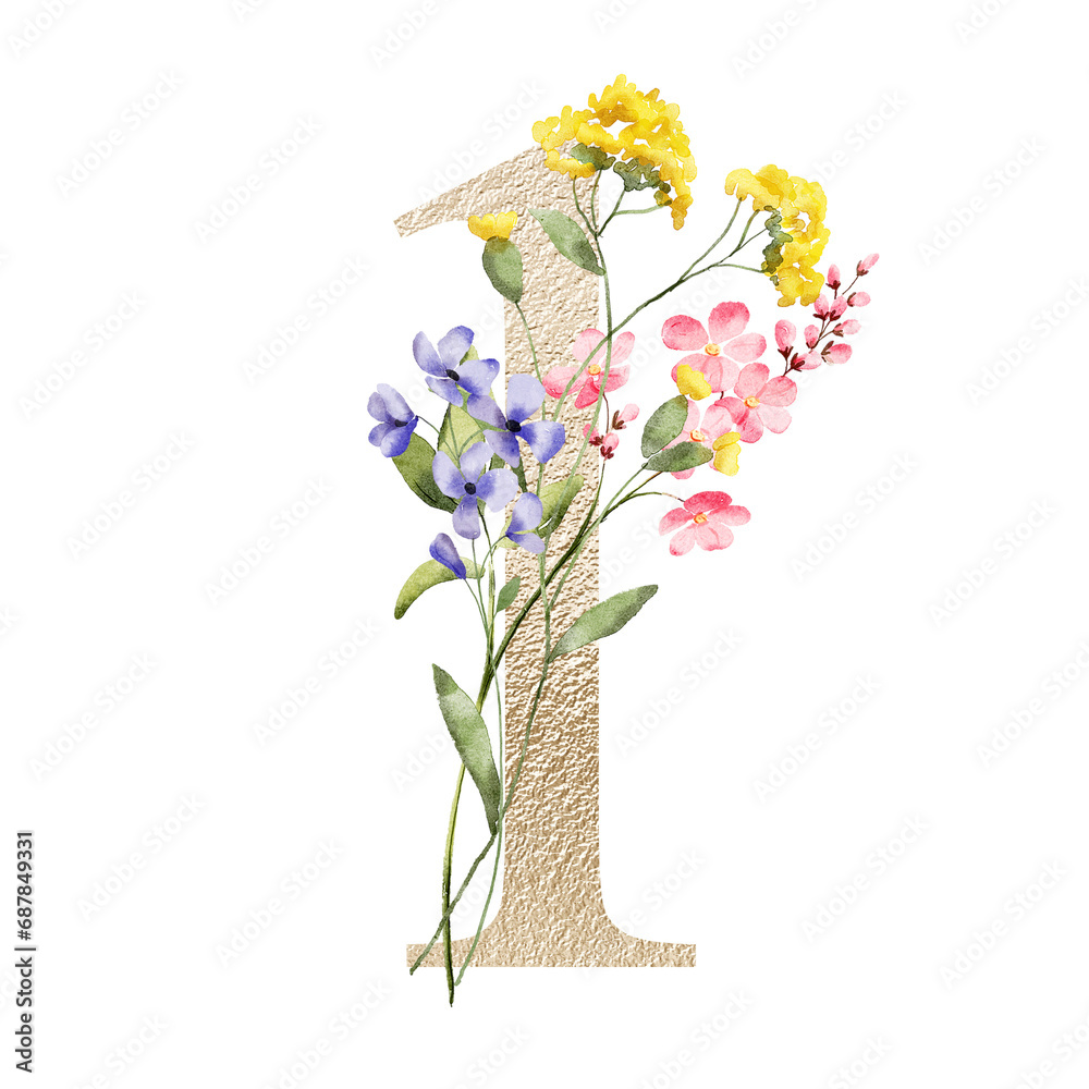 Number 1, one with watercolor flowers hand painting. Perfectly for ...