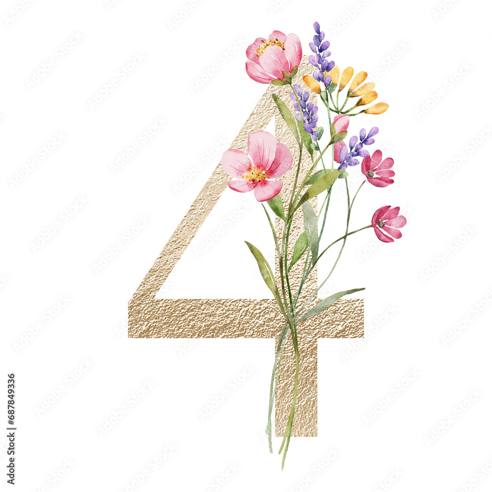 Number 4, four with watercolor flowers hand painting. Perfectly for ...