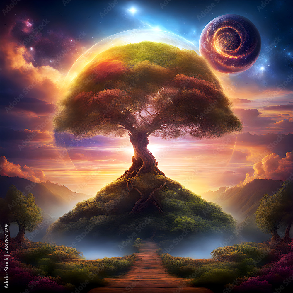 ascending to a higher plane - tree of life illuminated against a starry ...
