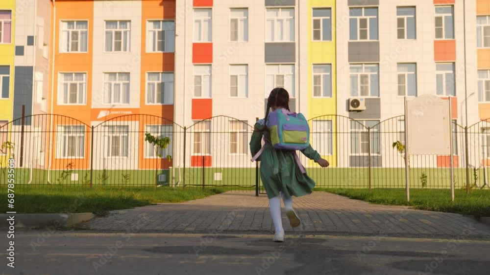 little girl with school backpack runs with her feet way to school ...