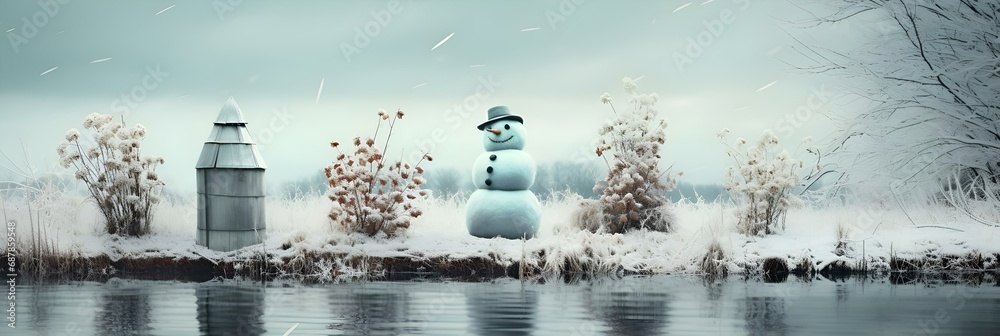 Snowman, Beautiful winter-spring landscape in an aesthetic style and in ...