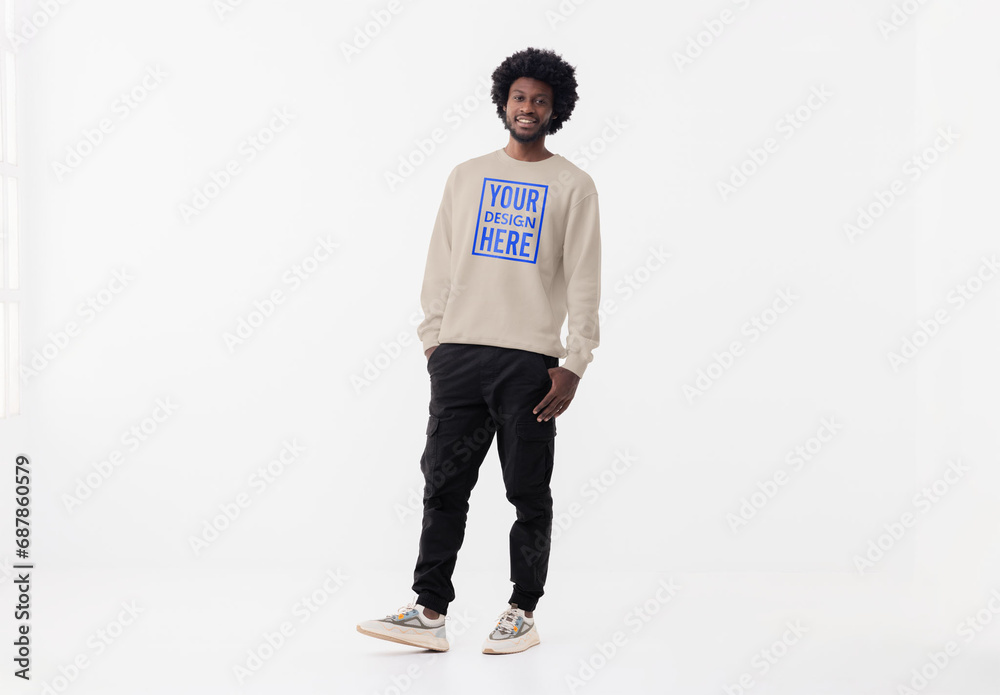 Mockup of man wearing customizable sweatshirt standing in studio Stock ...
