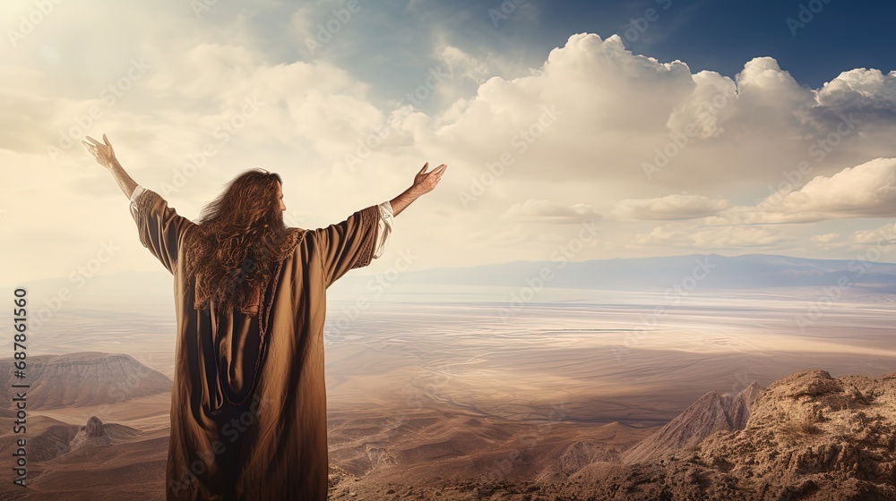 Old prophet in robe with beard prays smiling with widely spread arms ...