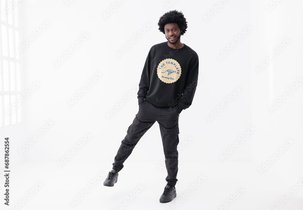 Mockup of man wearing customizable sweatshirt standing on one leg Stock ...
