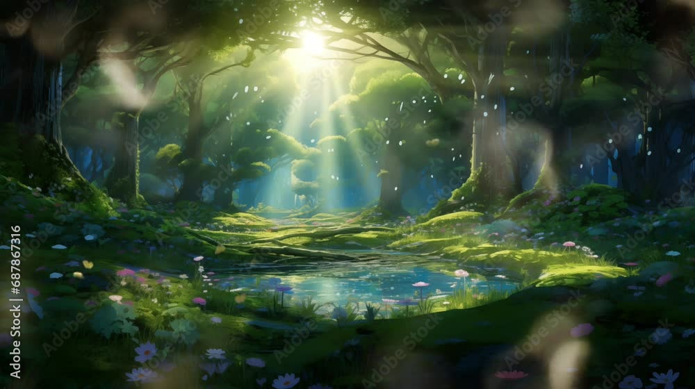 Visualize an anime forest glade where animated characters assemble for ...