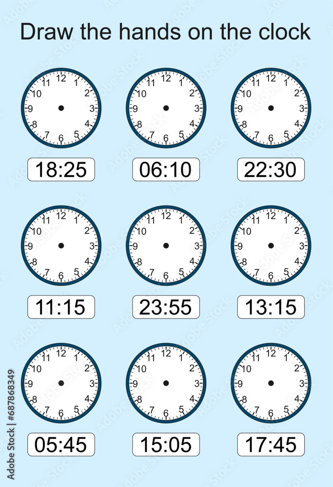 Game for kids. What time is it? Draw hands on the clock face. Time ...