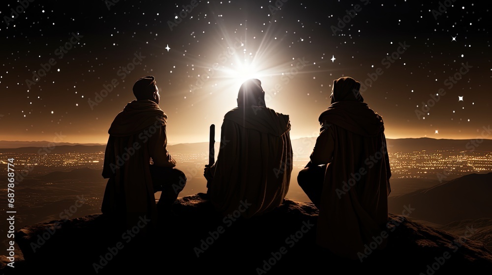 Silhouettes of shepherds with goat looking into sky at Bethlehem star ...