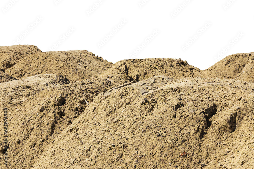 Construction site with heaps of sand. Pile of sand on an isolated white ...