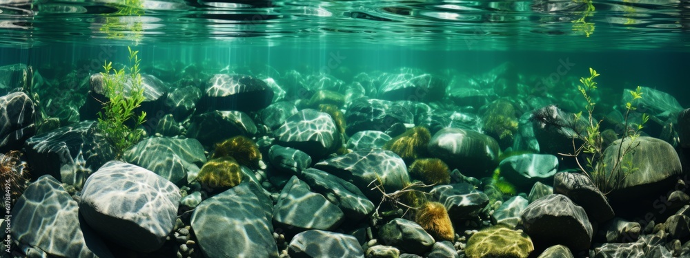 underwater of river natural landscape with stone pebble and water tree ...