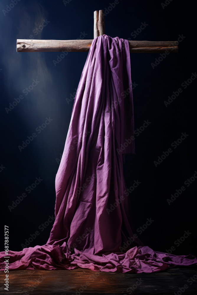 the cross draped in purple cloth, representing Good Friday the day ...