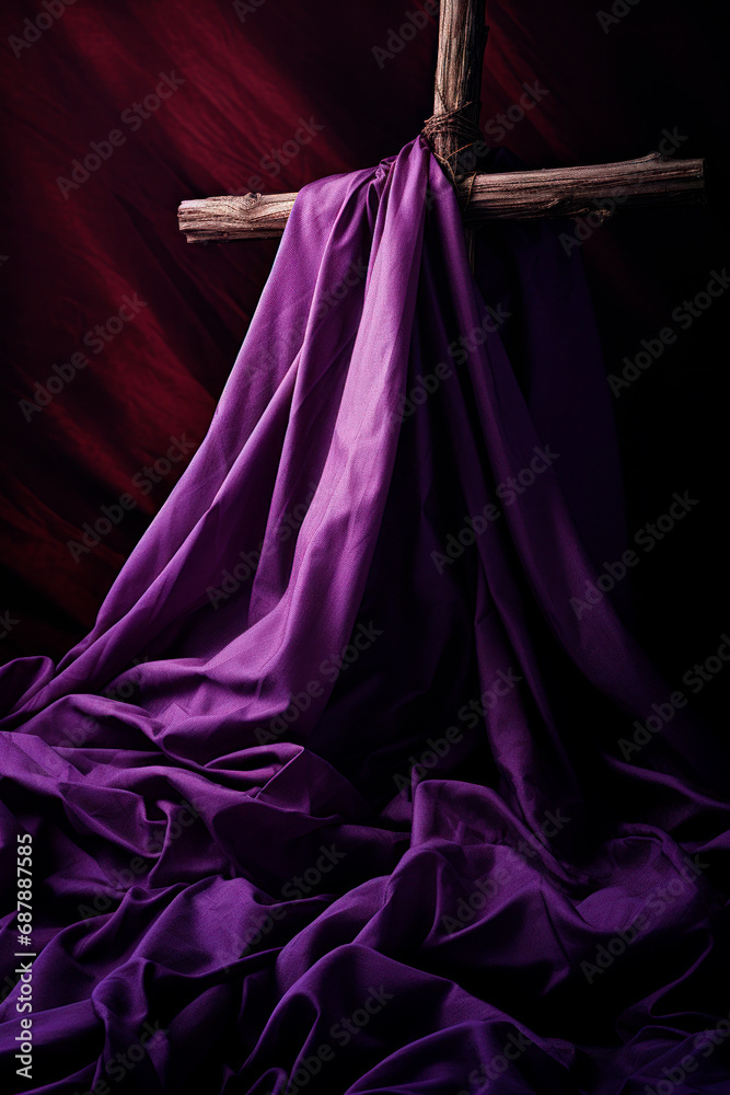 the cross draped in purple cloth, representing Good Friday the day ...