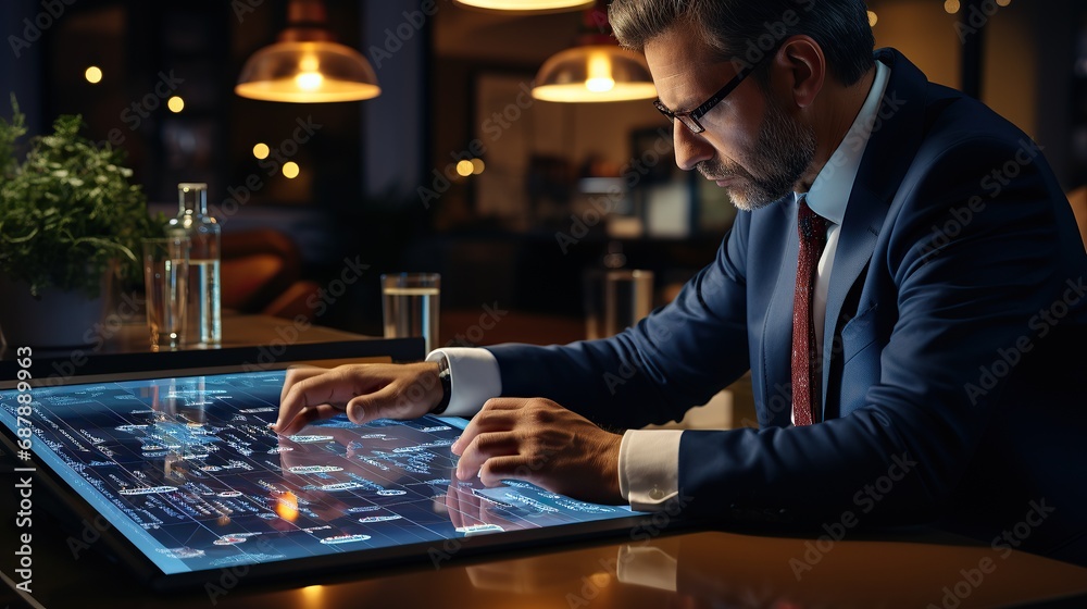 Education, entertainment, learning, technology concept - man using ...