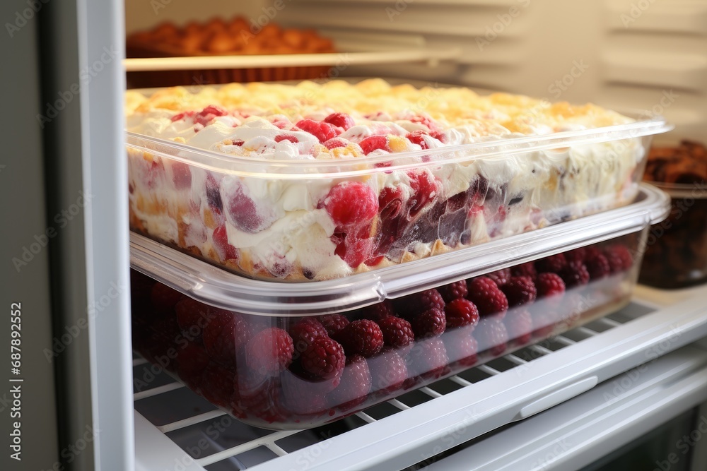 Container with berry pie in the refrigerator. Frozen semi-finished ...
