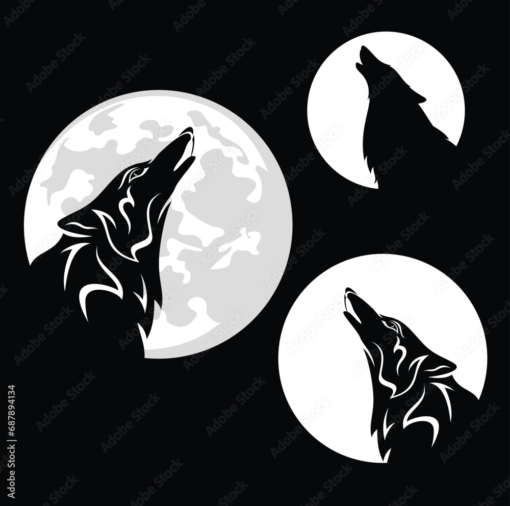 howling wolf profile head and full moon white disk vector silhouette ...