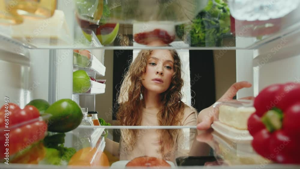 Young Woman Opening Fridge Door with Healthy Food and Taking Products ...