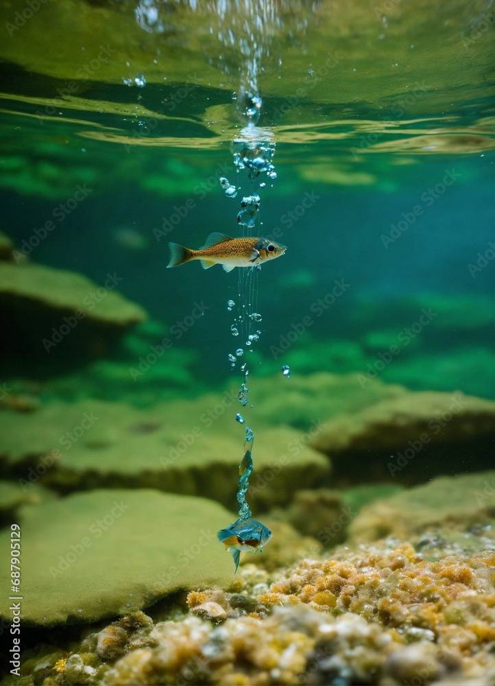 the drop falls below the water surface, it morphs into a small fish ...