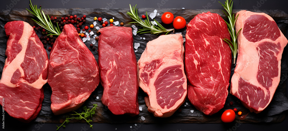 "Prime Black Angus Cuts Display . Variety of Raw Black Angus Prime Beef ...