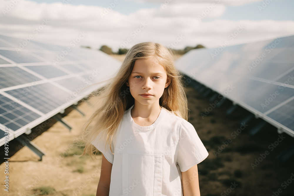 Little girl standing between solar panels outside. Alternative energy ...