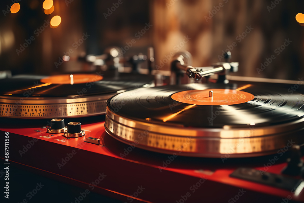Retro-themed DJ party setup with vinyl records and classic turntables ...