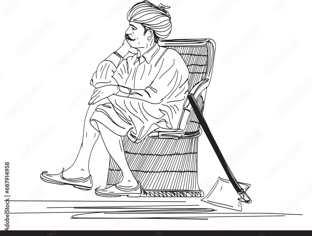 Sketch Drawing of Village Life: Rajasthan Man in Mudha Chair, Cartoon ...