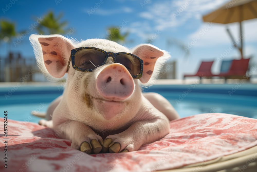 pig in sunglasses sunbathing lying on a sun lounger by the pool, summer ...