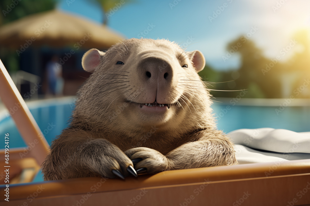 Wombat sunbathing lying on a sun lounger by the pool, summer vacation ...