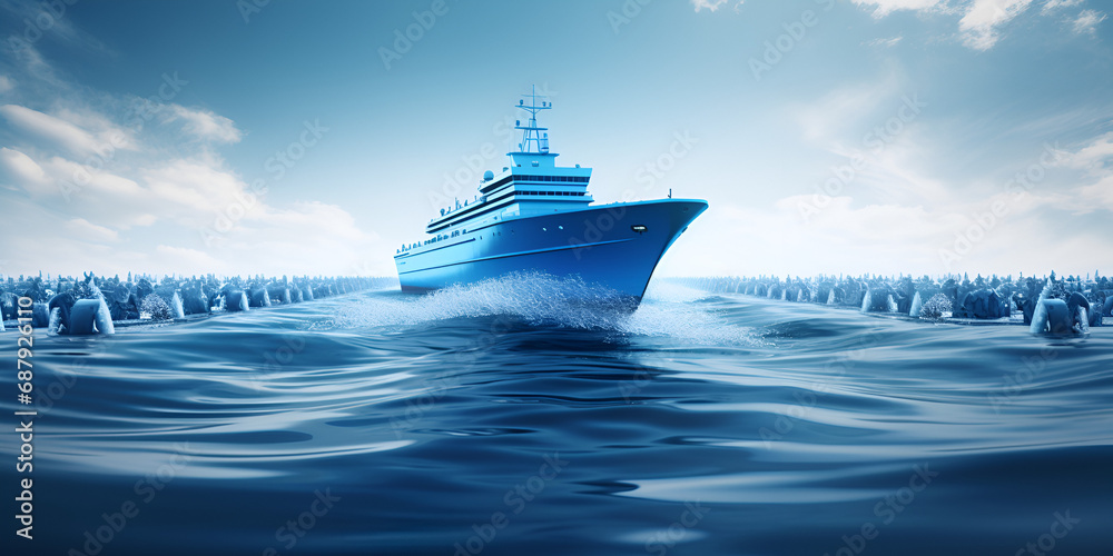 Image of sailing boat on sea over clouds and blue sky created using ...