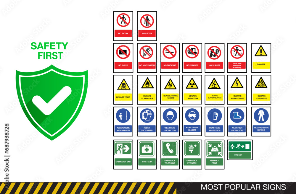 Popular safety signs , prohibition, mandatory action, warning, safe ... Popular safety signs , prohibition, mandatory action, warning, safe ...