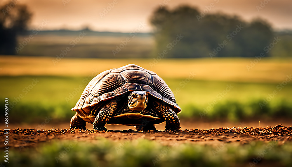 A large brown turtle walks along a dirt road's edge, its distinct shell ...
