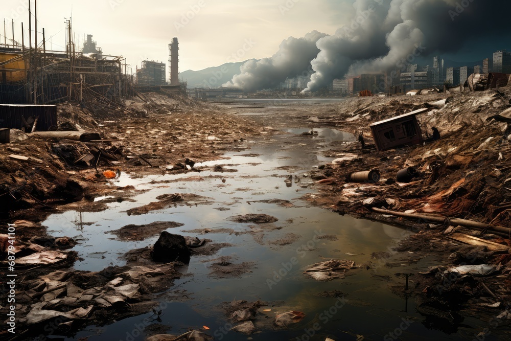 Industrial landscape with pollution of the planet, impact of industrial ...