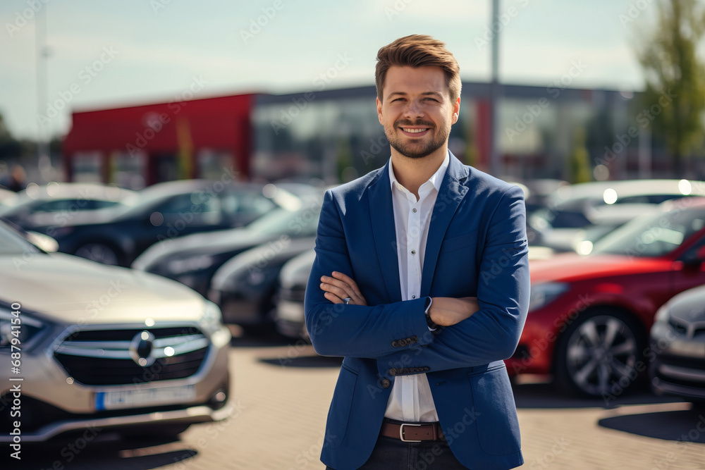 Smiling friendly car salesman in a suit standing on the street against ...