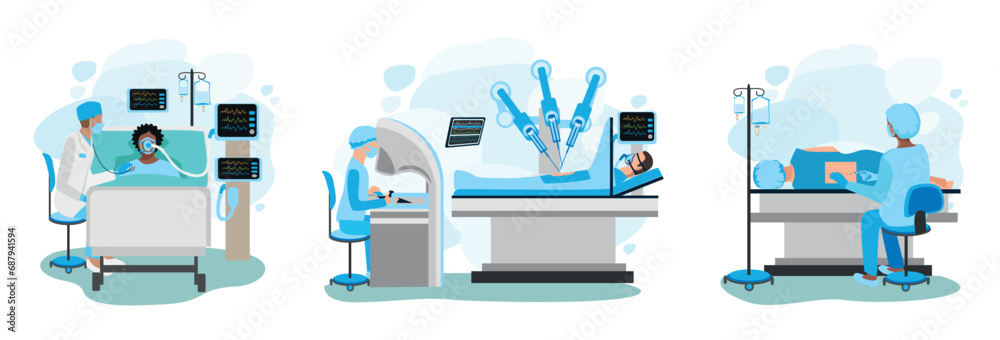 Set of vector illustrations of doctor and patient. Doctor examines ...