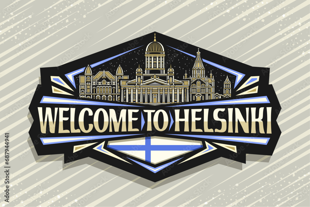 Vector logo for Helsinki, dark decorative label with line illustration ...